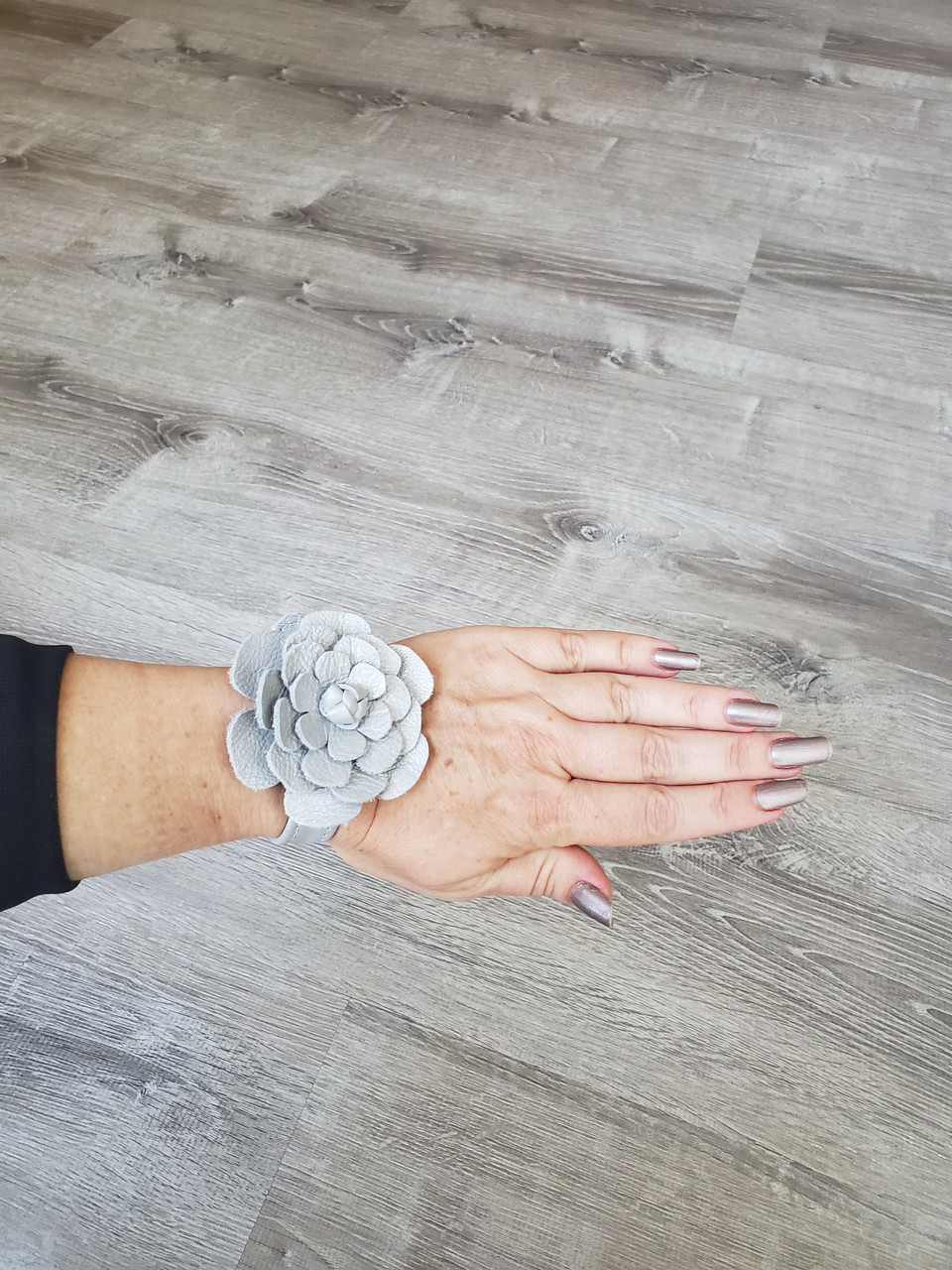 Gray Leather Cuff with Flower, Wrap Cuff Bracelet, Belt Buckle Bracelet ...