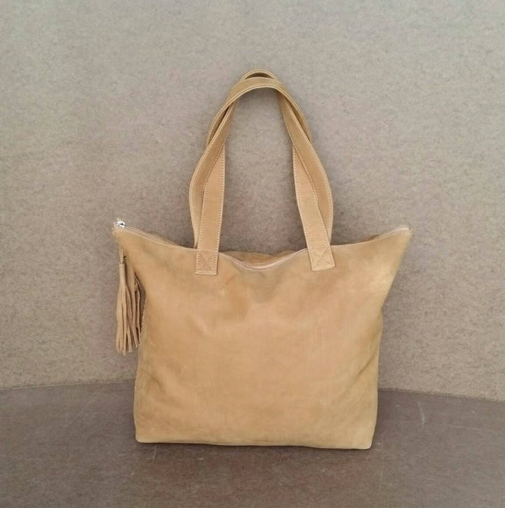 Camel Soft Leather Tote Bag, Suede Handbag w/Tassel, Jenny - Fgalaze ...