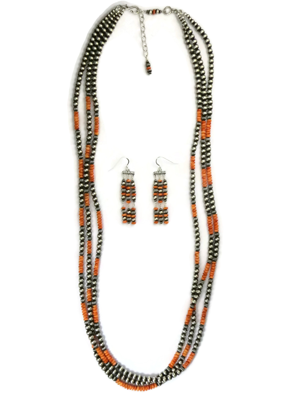 Three Strand Orange Spiny Oyster Shell Silver Bead Necklace 36" Set ...