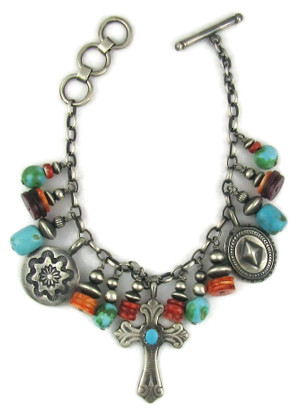 Turquoise, Spiny Oyster Shell, Cross & Concho Charm Bracelet (BR8304)