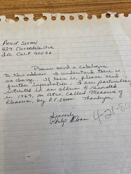 P.F. SLOAN- WRITER OF EVE OF DESTRUCTION. ORIGINAL LETTER FROM 1980 ...