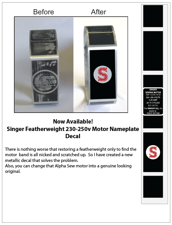 Singer 221 Featherweight 230-250v Motor Nameplate Decal for ...