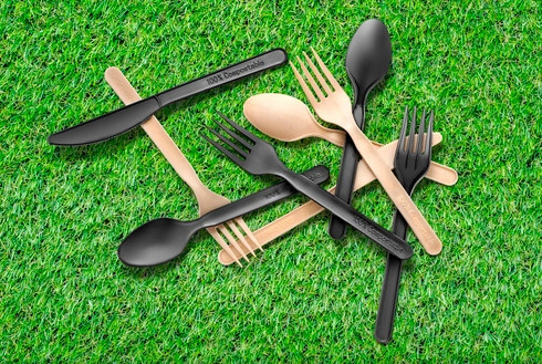 Compostable Black 4/1 Cutlery Kit With Kraft Bag (Knife, Fork, Spoon ...