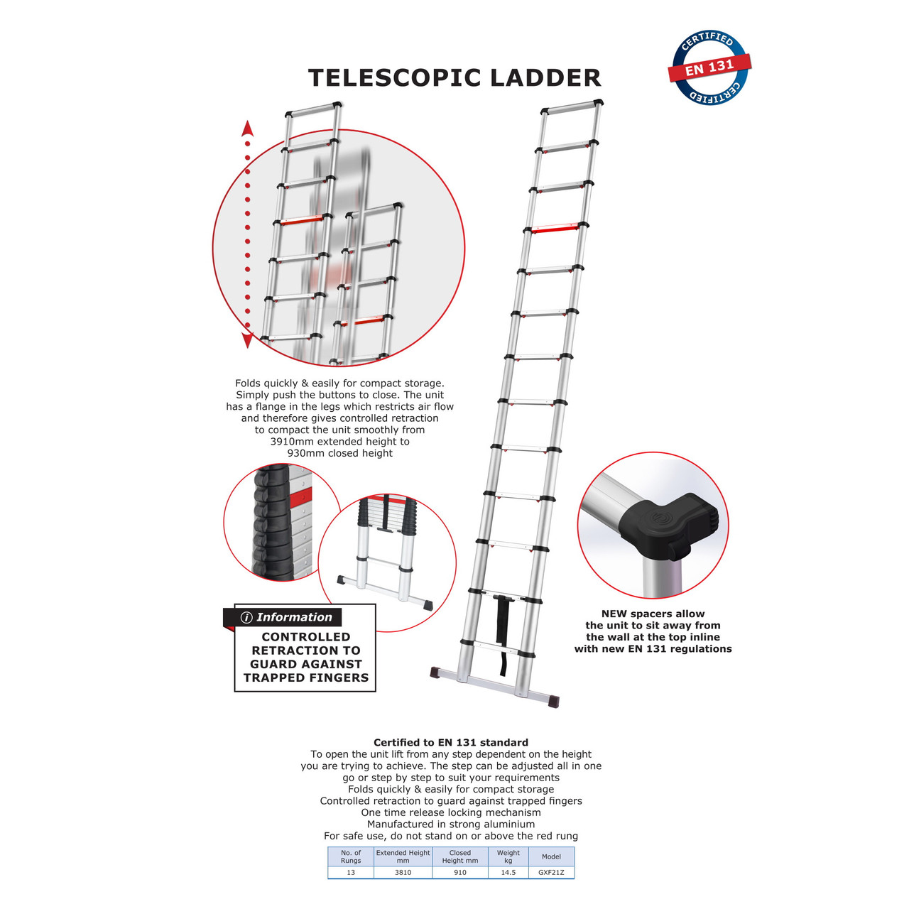 91cm to 3.81m Telescopic Extending Aluminium Ladder | Roadware