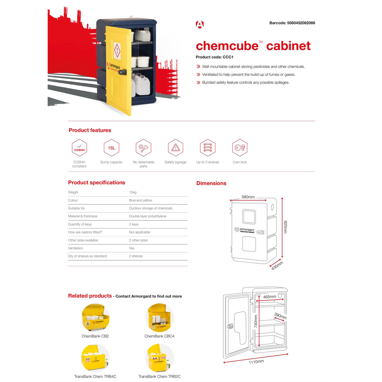 CCC1 Bunded COSHH Storage Cabinet W580 x D435 x H920mm | RoadwareRoadware