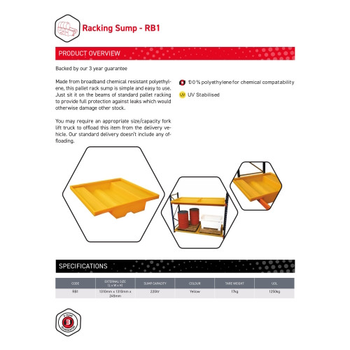 RB1 Racking Pallet Bund 220 Litre Sump Optional Grid Deck | Roadware