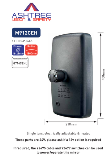 Agricultural Rear View Mirror Elec 24v Heated 400mm x 210mm Fits 16 ...