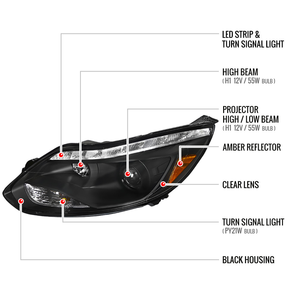 2012-2014 Ford Focus Projector Headlights w/ LED Light Strip & LED Turn ...