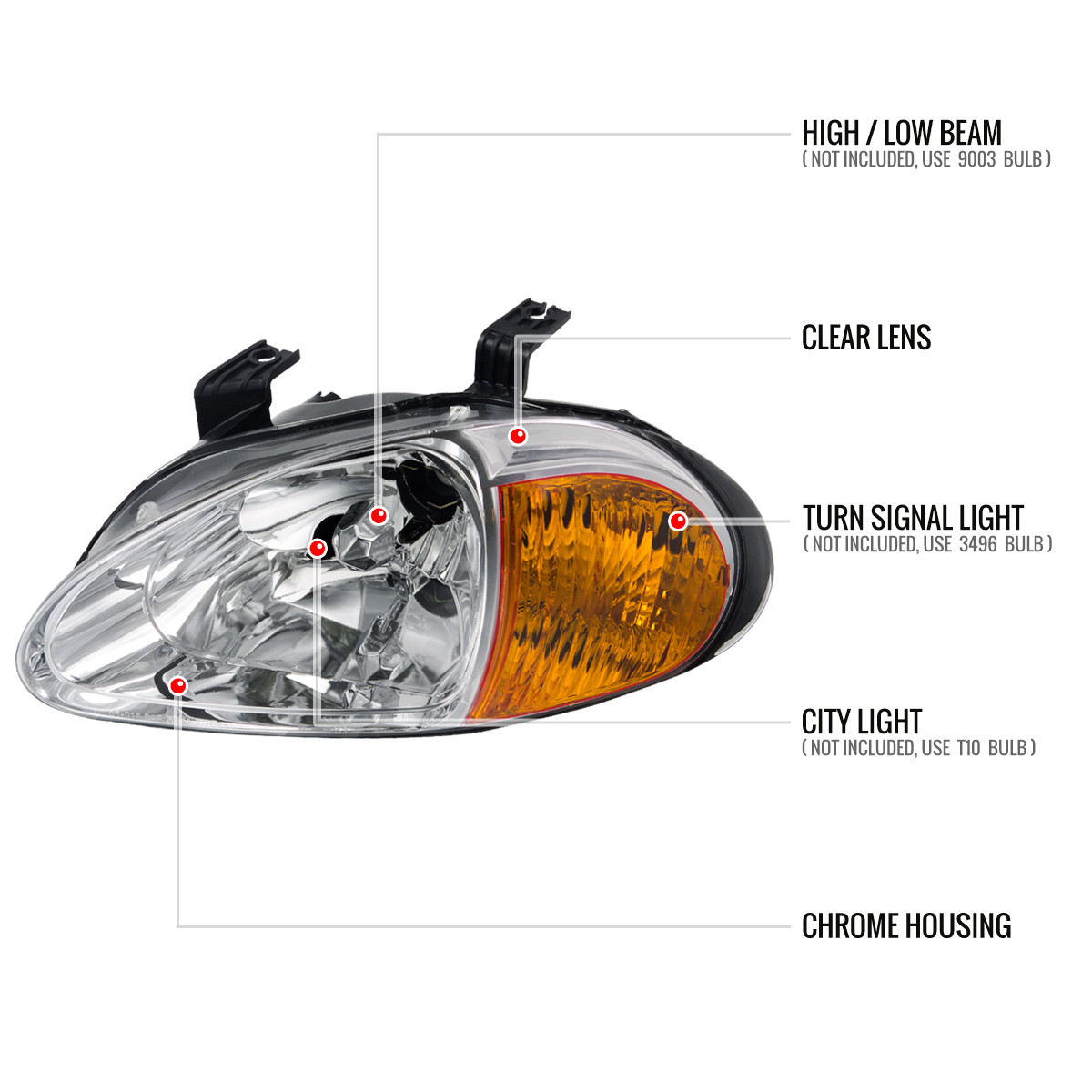 1993-1997 Honda Del Sol Crystal Headlights w/ Amber Reflector (Chrome ...