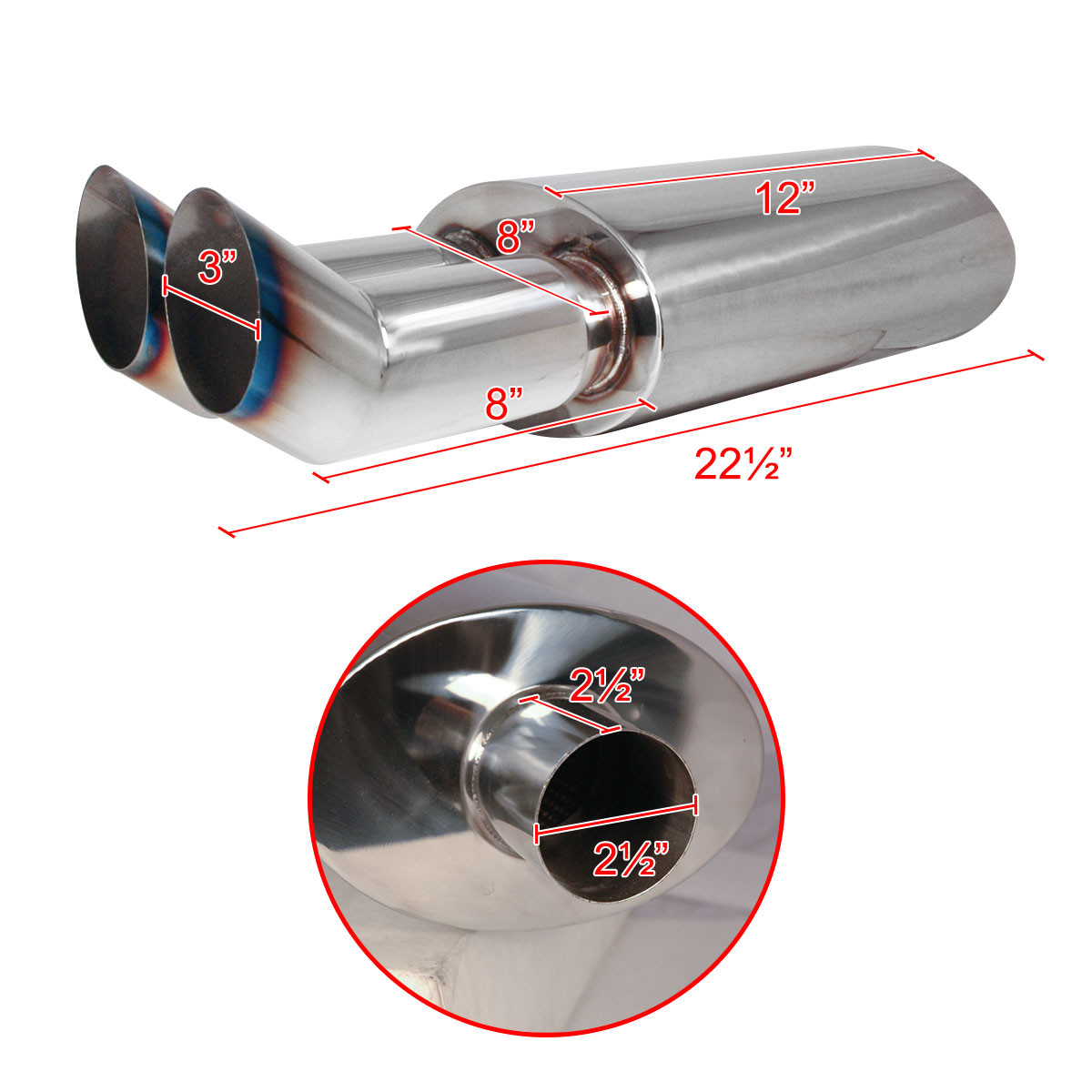 Universal DTM Style 2.5" Inlet/3" Outlet Stainless Steel Exhaust ...