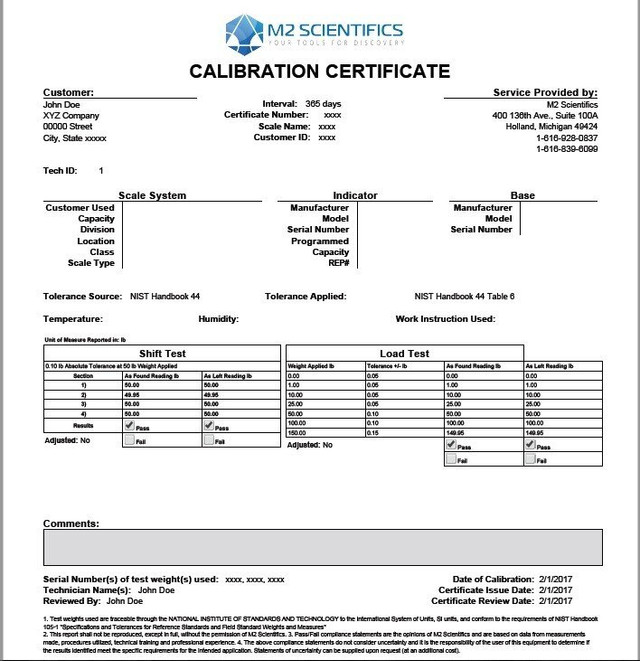 NIST Traceable Calibration Report for Moisture Analyzers - M2 Scientifics