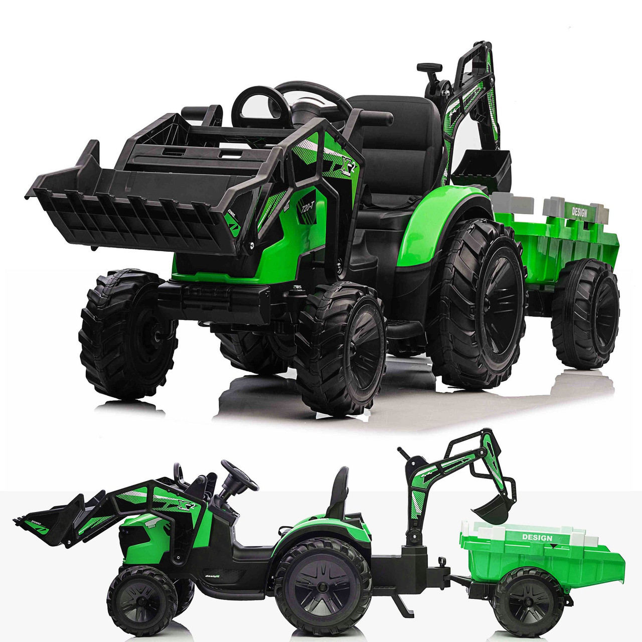 Kids 24V Battery Powered Tractor Digger with Graber & Trailer - Kids ...