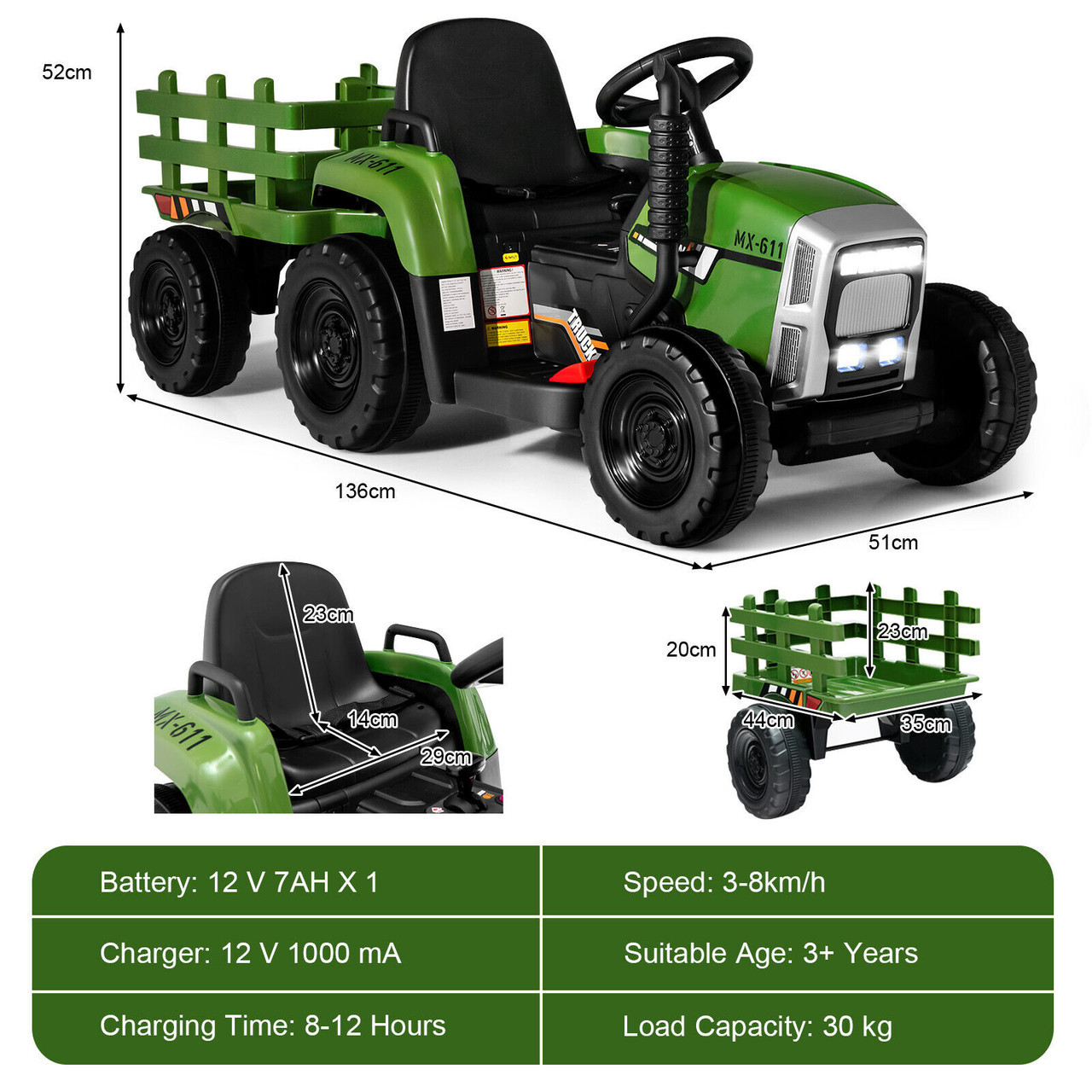 Kids Ride-on Motorized Tractor & Trailer + Remote Control - Kids ...