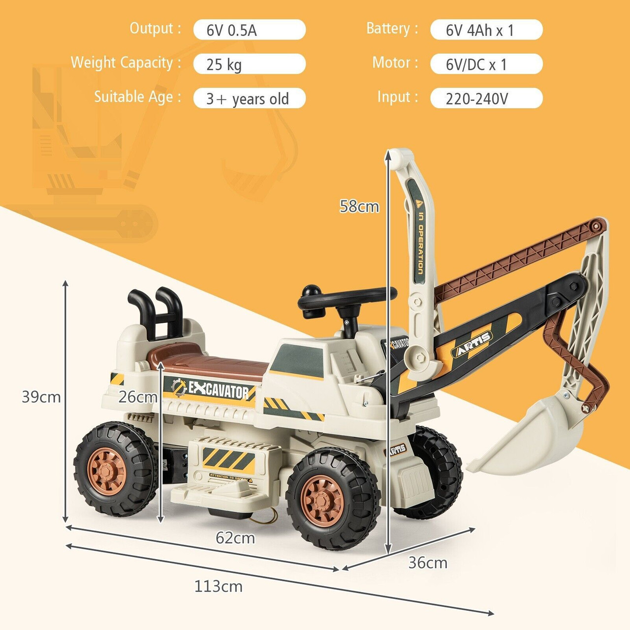 6v Kids White Motorized Sit On Farm Excavator & Swivel Seat - Kids ...