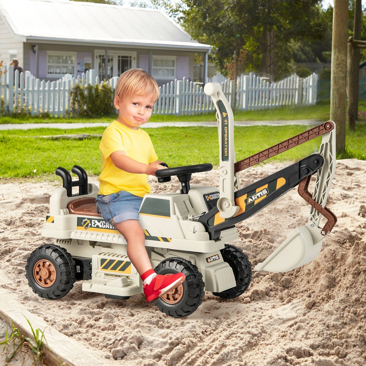 6v Kids White Motorized Sit On Farm Excavator & Swivel Seat - Kids ...