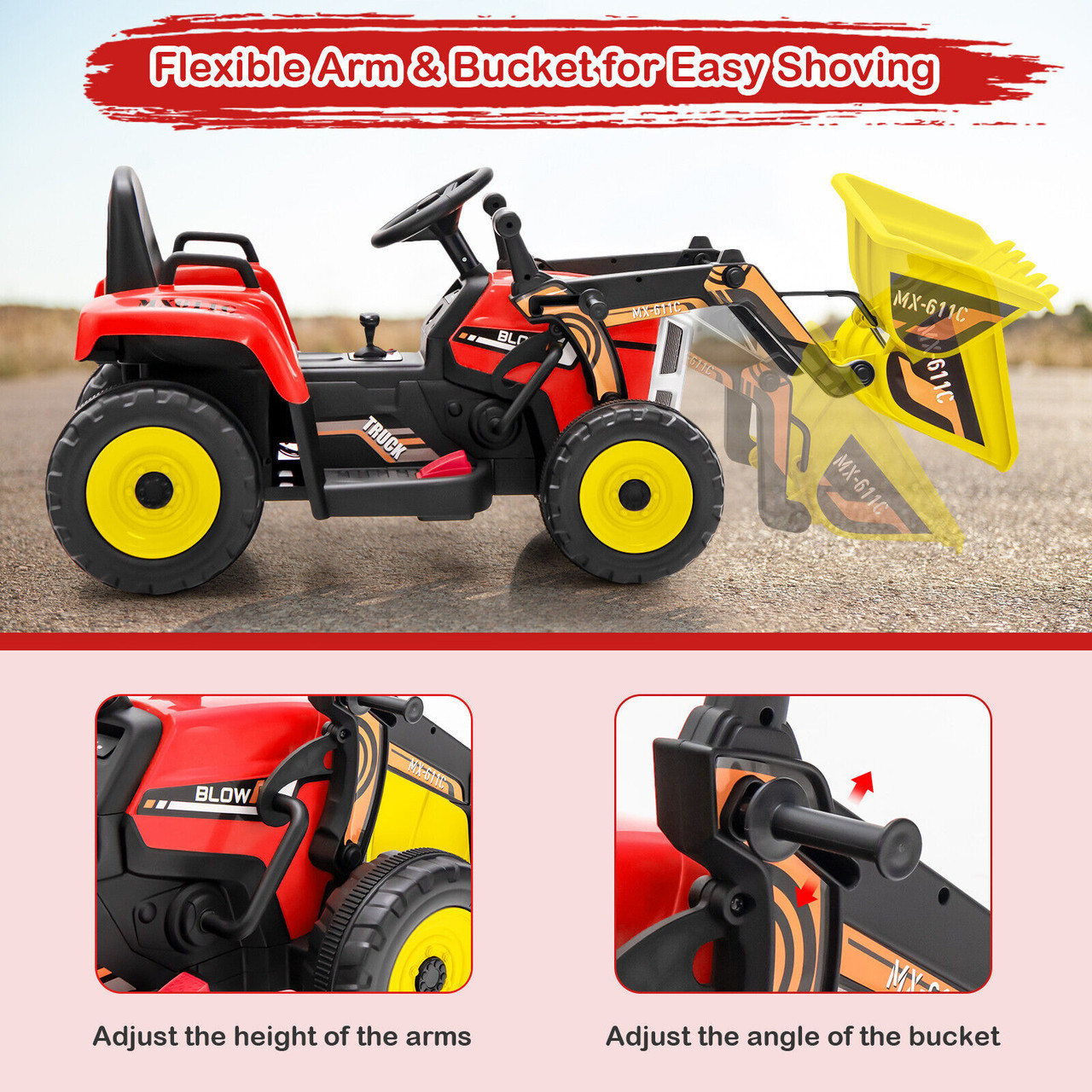 12v Red Kids Motorized Ride On Digger With Front Scoop - Kids Tractors UK