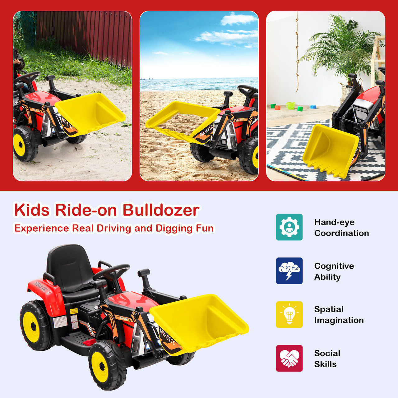 12v Red Kids Motorized Ride On Digger With Front Scoop - Kids Tractors UK