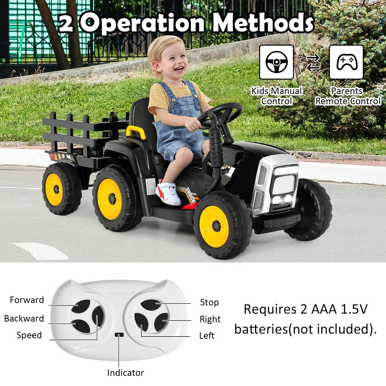 Kids 12v Black Sit on Battery Operated Tractor & Trailer Set - Kids ...