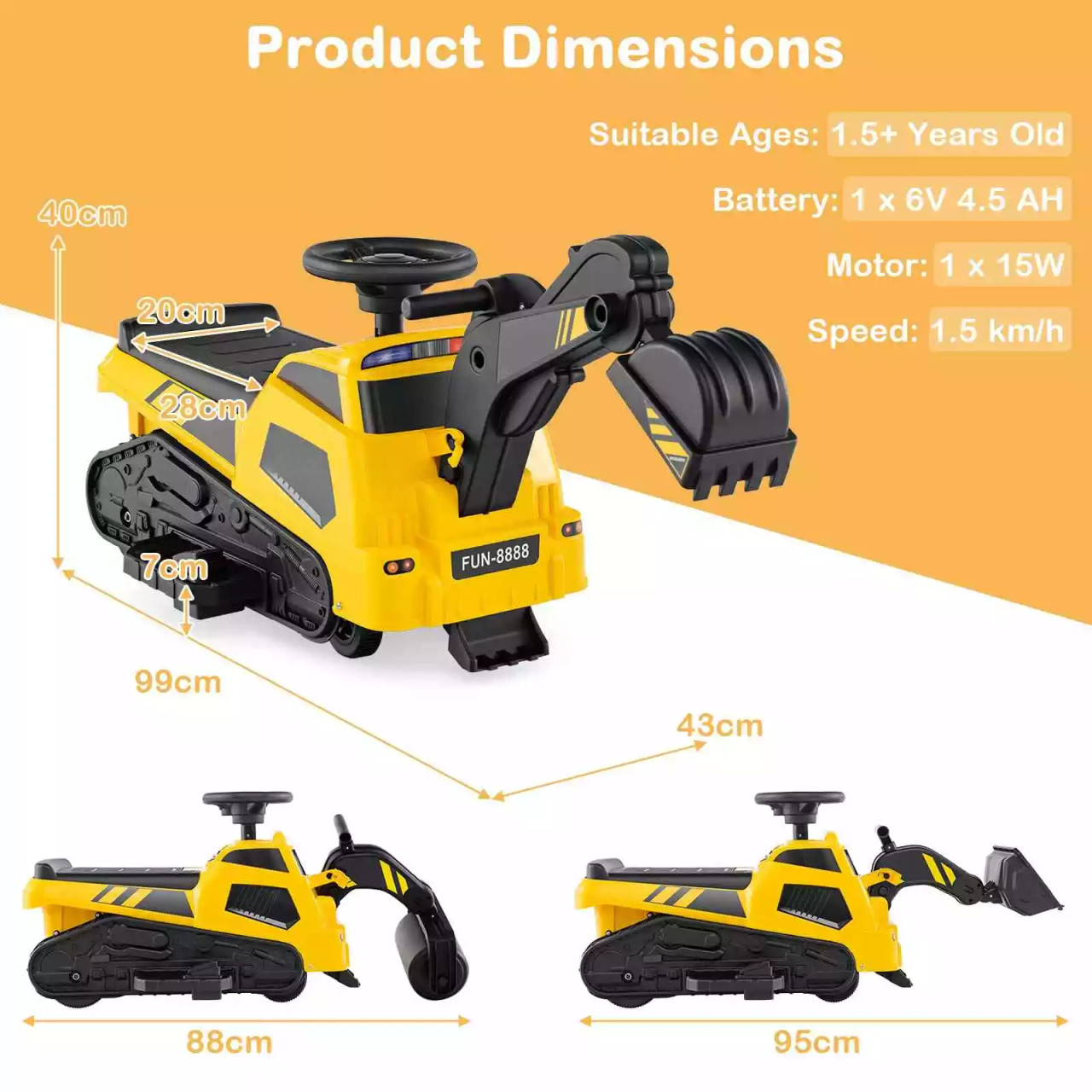 Kids 6v Role Play Yellow Motorized Powered Sit-On Digger - Kids Tractors UK