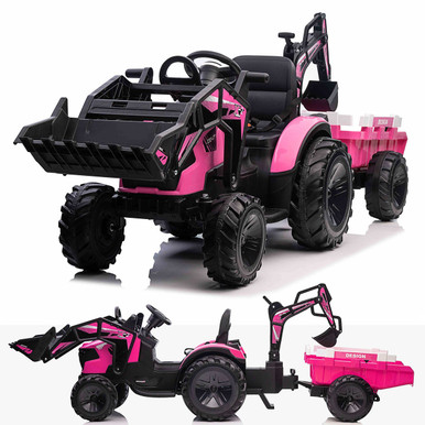 Kids 24v Mega Pink Multi-Function Tractor, Digger, Loader, Excavator ...