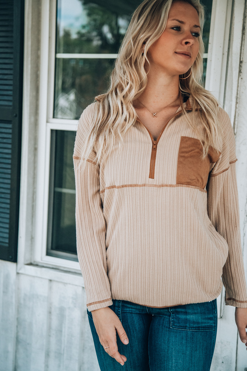 Flashback Goodbye Half Zip Top: Warm Sand - Off the Racks Boutique