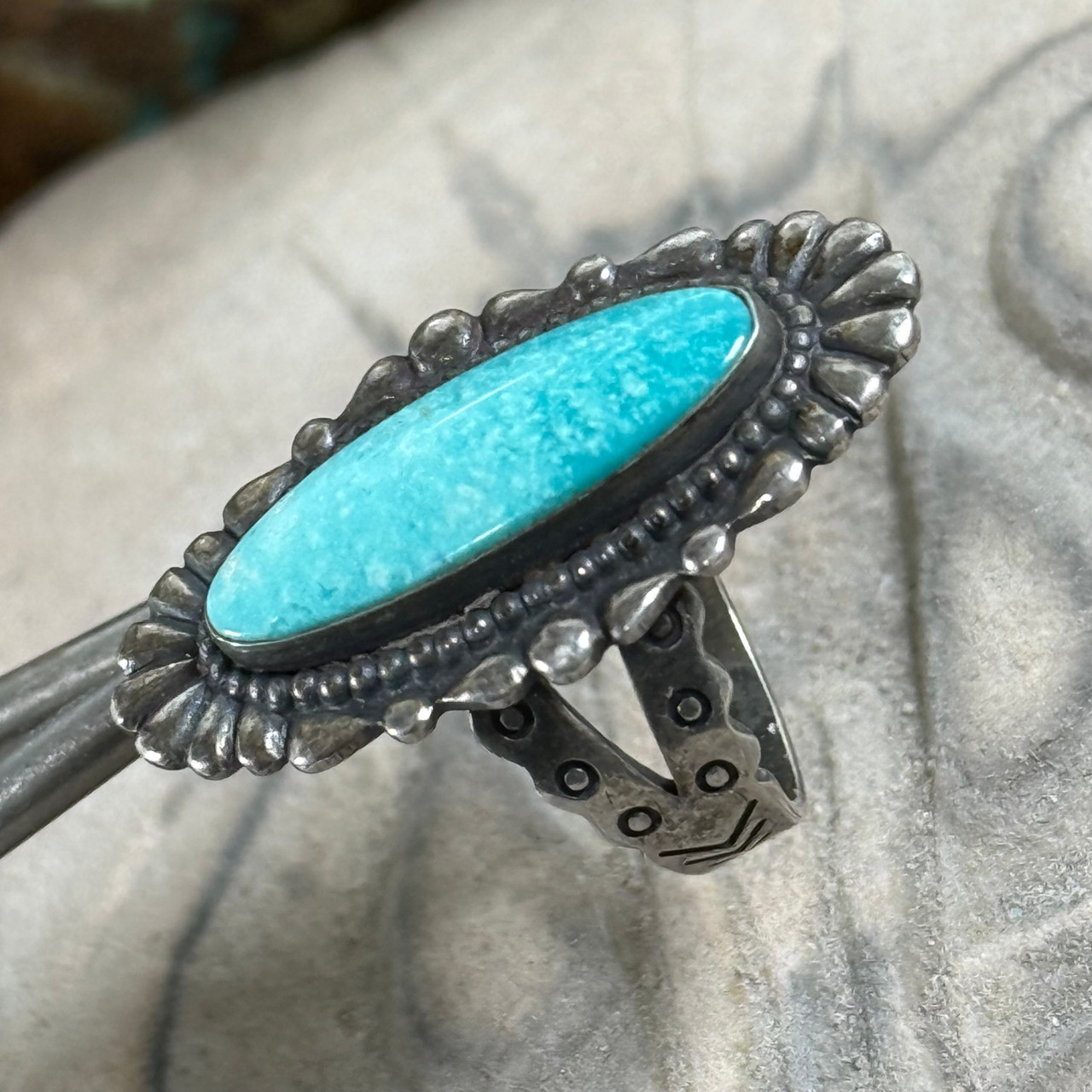 Fred Harvey style, Sunburst Arizona blue ladies Ring