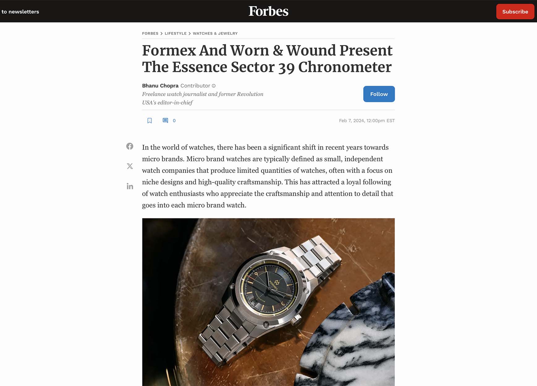 Forbes about the Formex x Worn & Wound Essence 39 Sector Chronometer ...