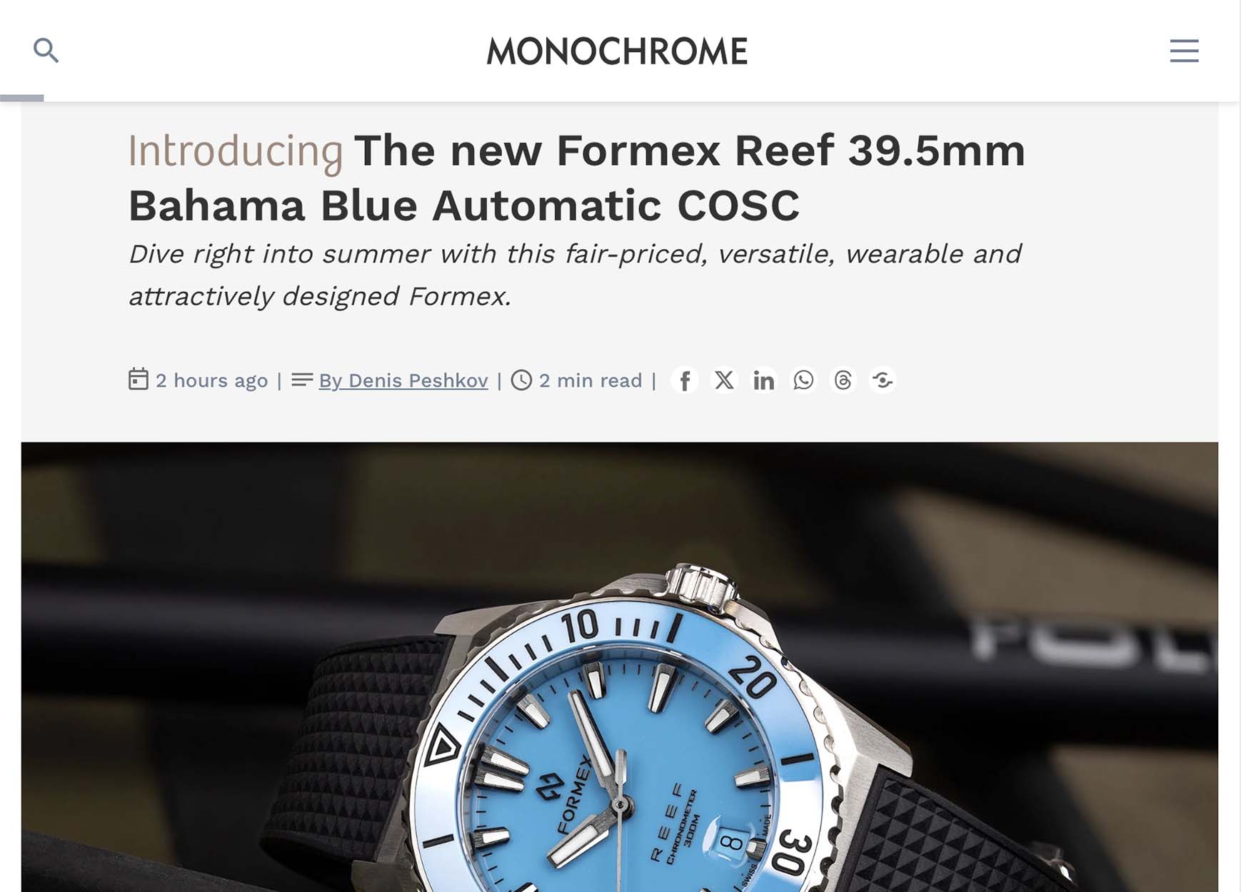 Monochrome Watches about the Formex Reef 39.5mm Bahama Blue Automatic COSC - Official FORMEX ...