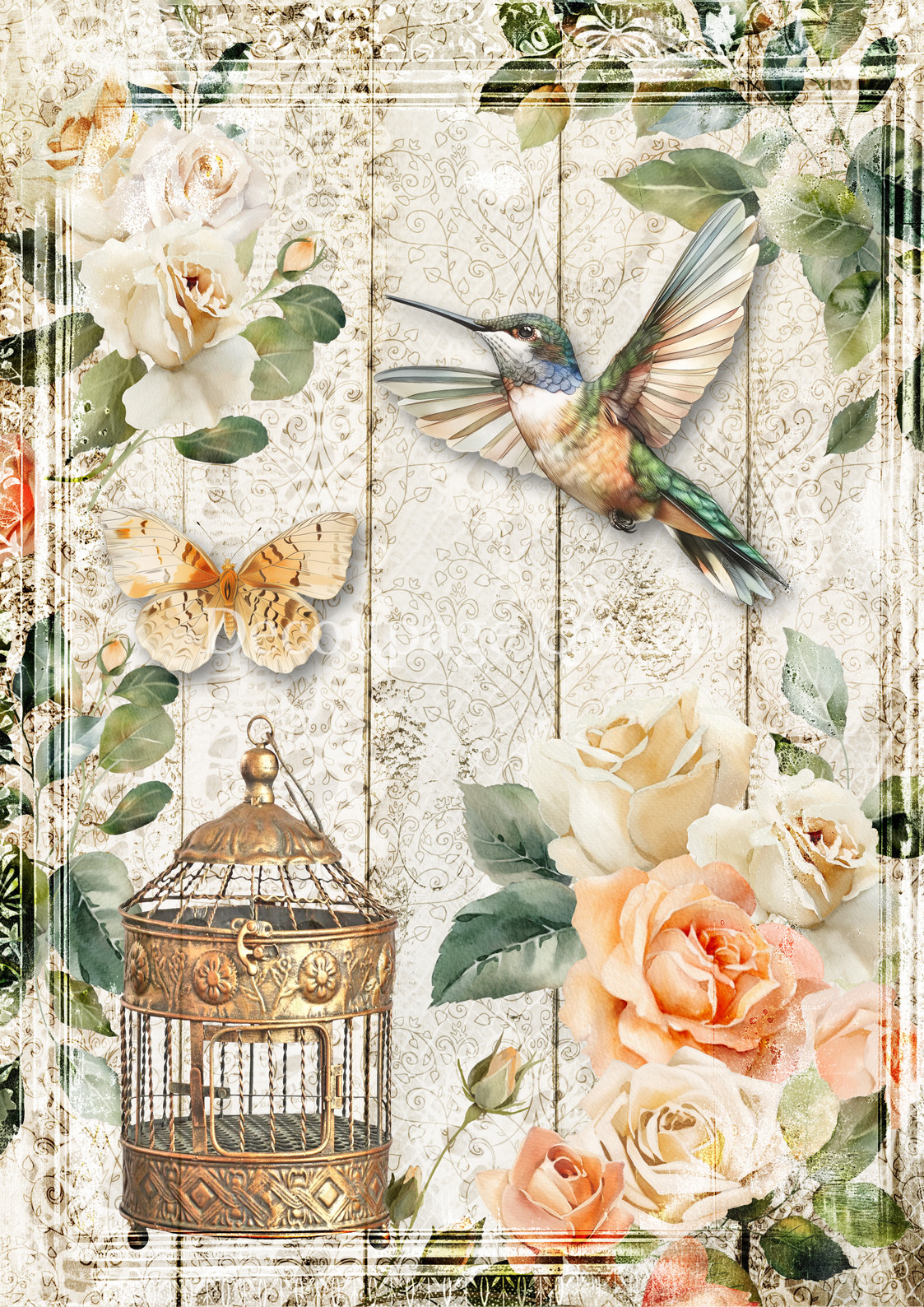 Decoupage Queen Rice Paper - Rose Garden Hummingbird Size A4