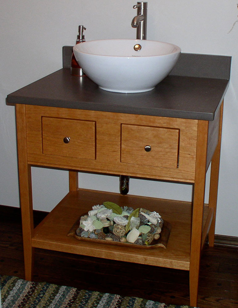 Open Style Vanity with double vessel sinks and 3 functional drawers ...