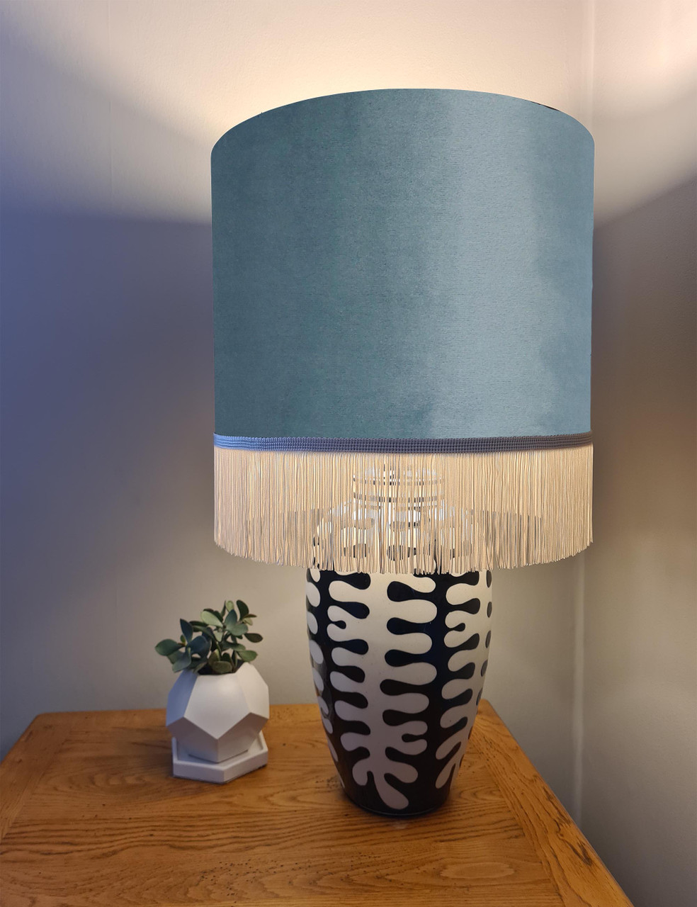 Candid Owl | Duck Egg Blue Lampshade in Velvet with Oyster Cream Fringing