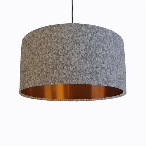 Candid Owl | Grey Tweed Lampshade in Herringbone Fabric and Copper Lining