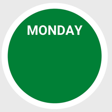 3' Circle 'MONDAY' Label - Green w/ White Outline - 500/roll
