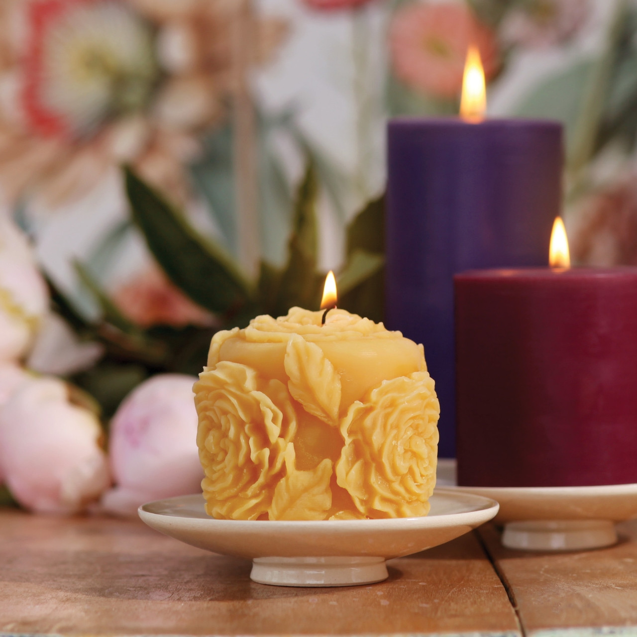 Beeswax Rose Blossom Pillar Candle | Big Dipper Wax Works