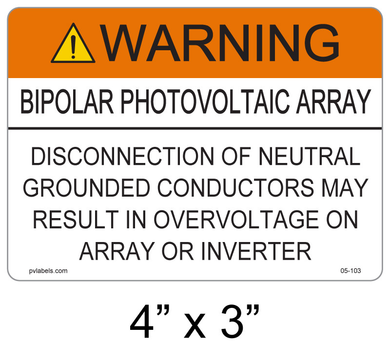 05-103 | SOLAR LABEL - WARNING -BIPOLAR PHOTOVOLTAIC ARRAY NEC 2014 690 ...