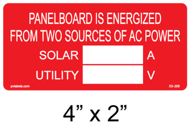 03-205 | SOLAR LABEL - PANELBOARD IS ENERGIZED FROM TWO | PV LABELS
