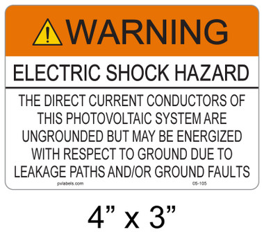 Warning Electric Shock Hazard The Direct Current | PV Labels 05-105