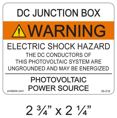DC Junction Box Warning Electric Shock Hazard | PV Labels 05-218