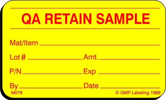 M079 QA RETAIN SAMPLE Material Label - GMP Labeling