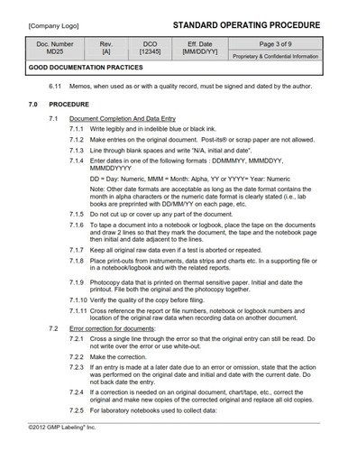 MD25 GOOD DOCUMENTATION PRACTICES SOP Template - GMP Labeling