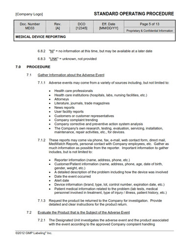 MD33 MEDICAL DEVICE REPORTING SOP Template - GMP Labeling