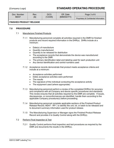 MD47 FINISHED PRODUCT RELEASE SOP Template - GMP Labeling