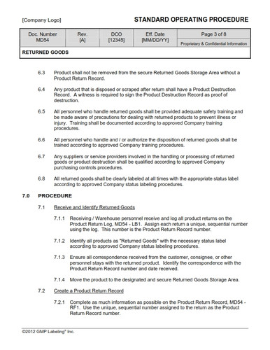 MD54 RETURNED GOODS SOP Template - GMP Labeling