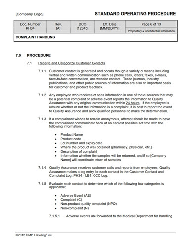 PH34 COMPLAINT HANDLING SOP Template - GMP Labeling