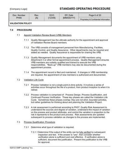 PH46 VALIDATION POLICY SOP Template - GMP Labeling