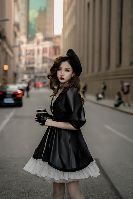 Vetivert, Gothic Rococo Fashion Black Faux Leather Front Open Short ...