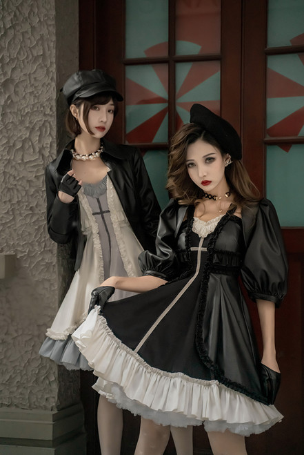 Vetivert, Gothic Rococo Fashion Black Faux Leather Front Open Short ...