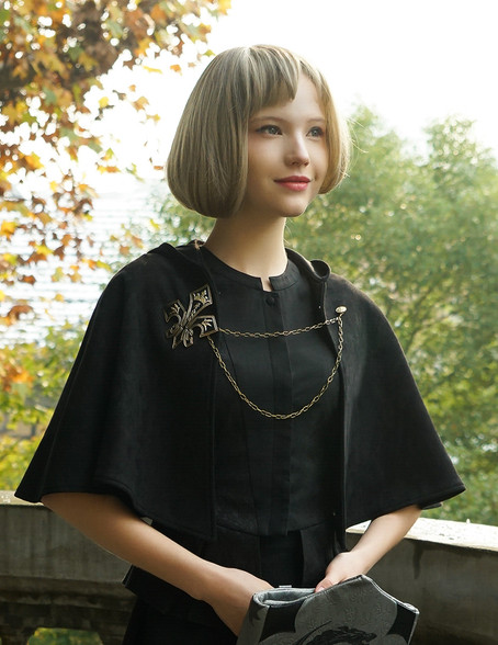 Vintage Retro Black Hooded Cape & Brooch