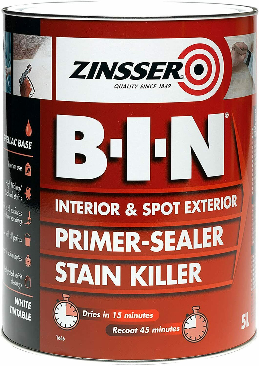 5ltr Zinsser B.I.N White Shellac Based Primer Sealer - Shades Colour Centre