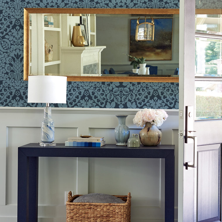 FD26334_Happy Ornate Damask Denim blue dusty blue Fine Decor Wallpaper ...